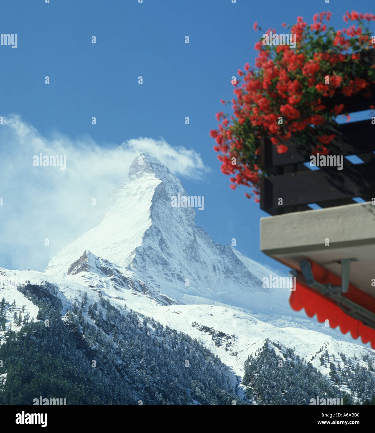 Matterhorn in Zermat Switzerland and flower box Stock Photo - Alamy