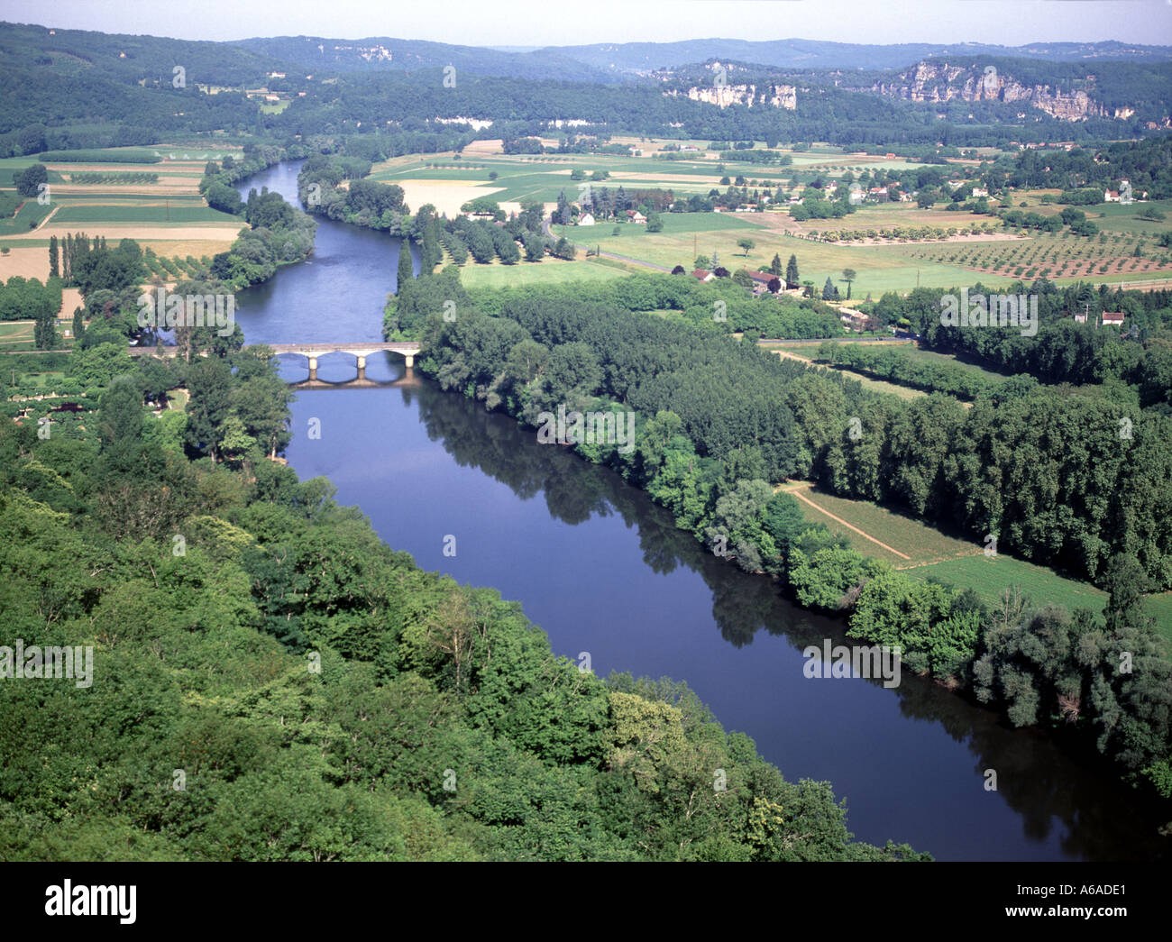Aerial view looking down from above on The River Dordogne ...