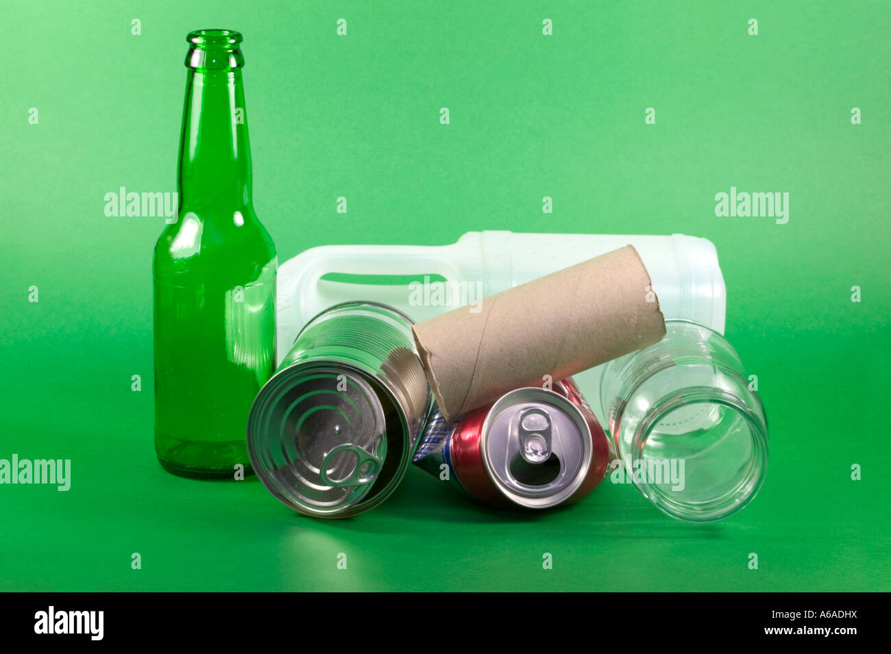 Empty containers suitable for recycling the green background is made ...