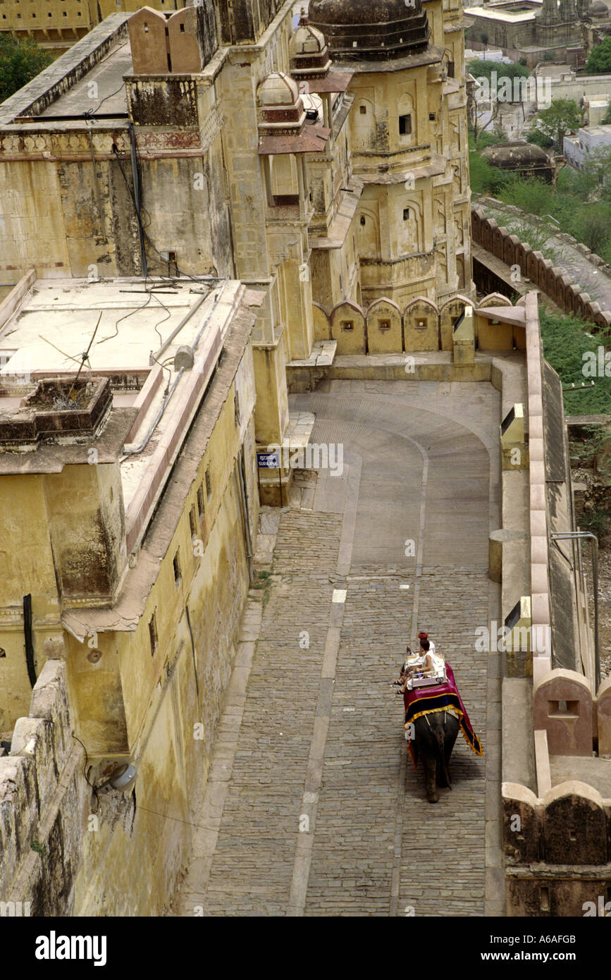 Tourist approaches the Suraj Pol by elephant, Amber Fort, Jaipur India ...