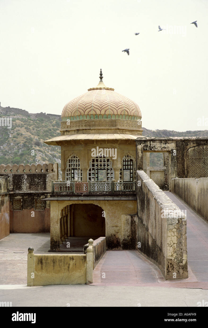 Pigeons taking off from a turret dome in the Amber Fort Jaipur ...