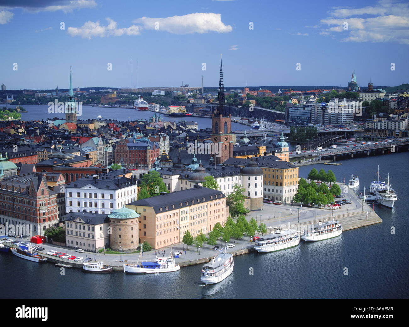 Overview of Riddarholmen Island with yachts and Gota Canal boats from ...