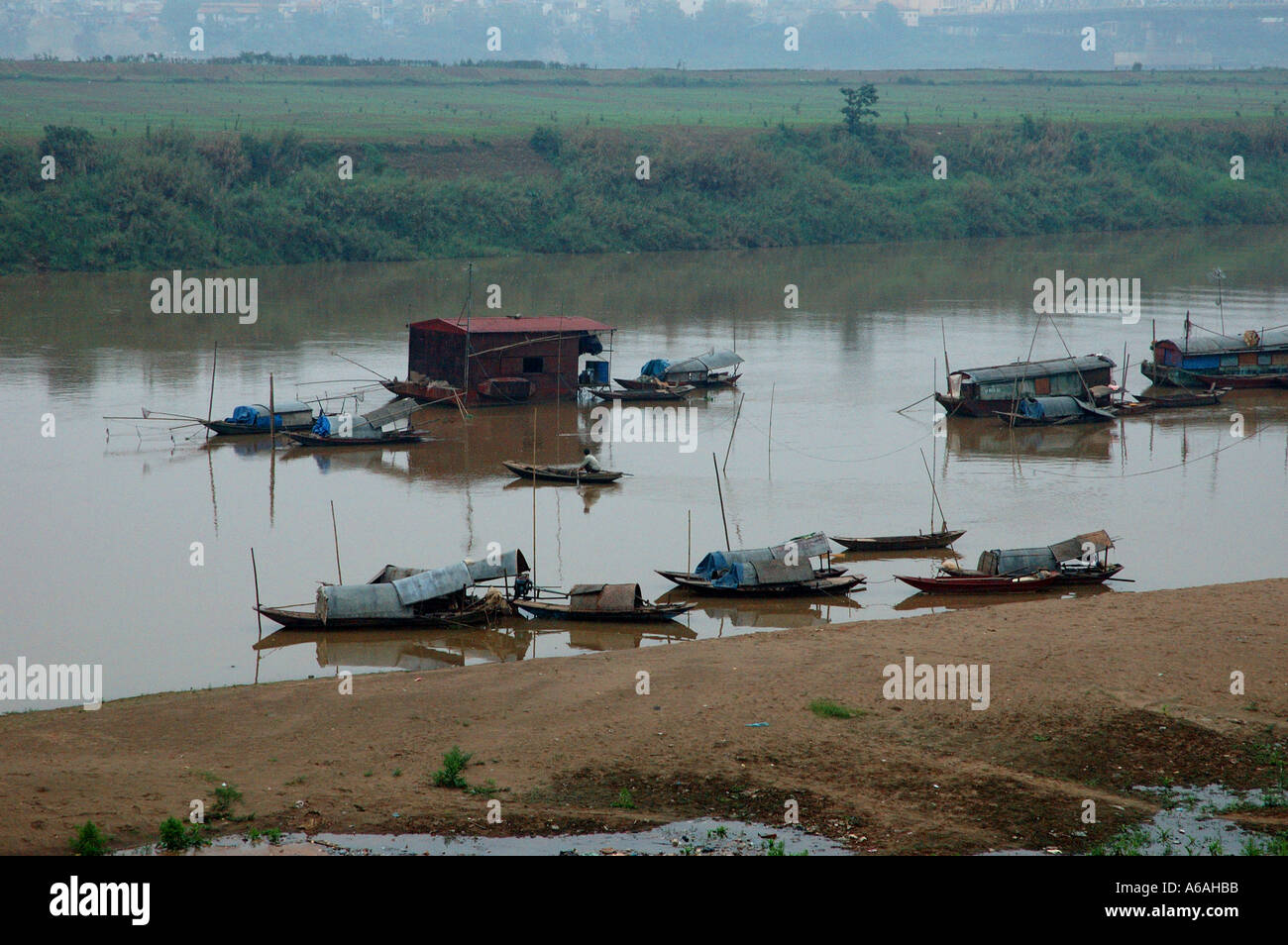 Song Hong Red River from the Long Bien Bridge Hanoi Vietnam South East ...