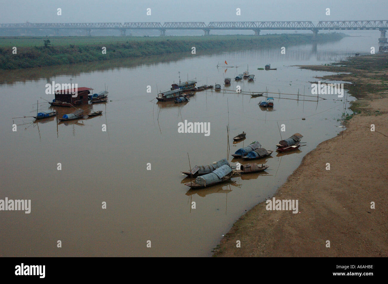 Song Hong Red River from the Long Bien Bridge Hanoi Vietnam South East ...