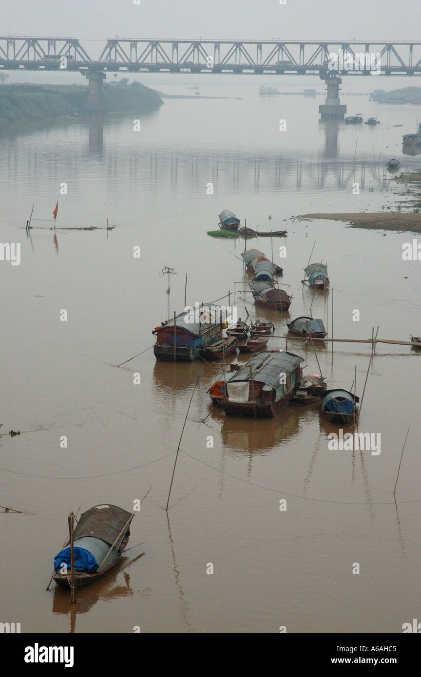 Song Hong Red River from the Long Bien Bridge Hanoi Vietnam South East ...