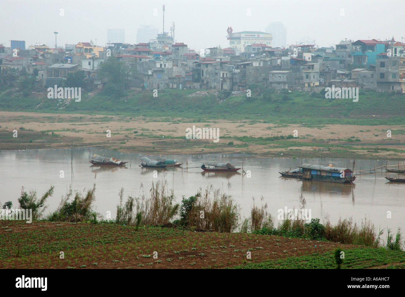 Song Hong Red River from the Long Bien Bridge Hanoi Vietnam South East ...