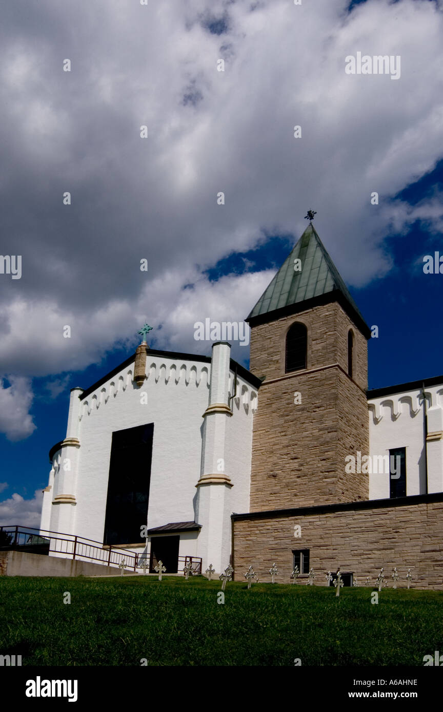 Exterior view of sanctuary building at the Abbey of Gethsemani in ...