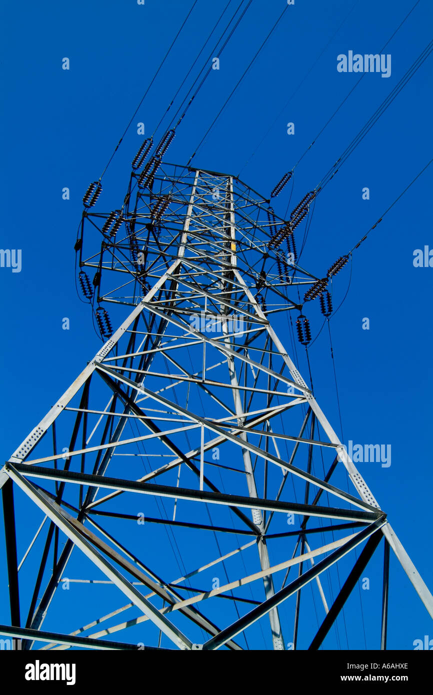 Wide angle view of high tension electrical power tower Stock Photo - Alamy