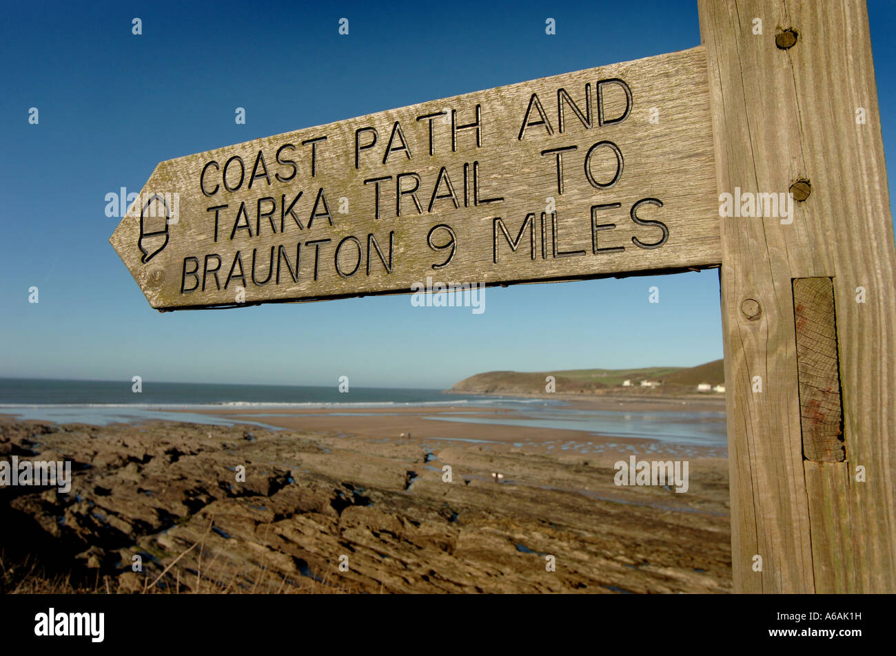 coastal path tarka trail sign at Croyde Bay Beach, North Devon UK Stock ...
