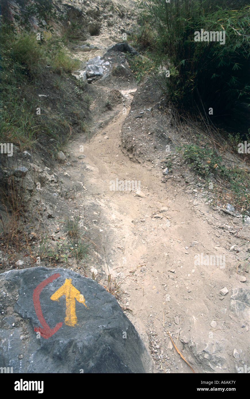 China, Yunnan, Tiger Leaping Gorge, arrows marking narrow, dry, upper ...