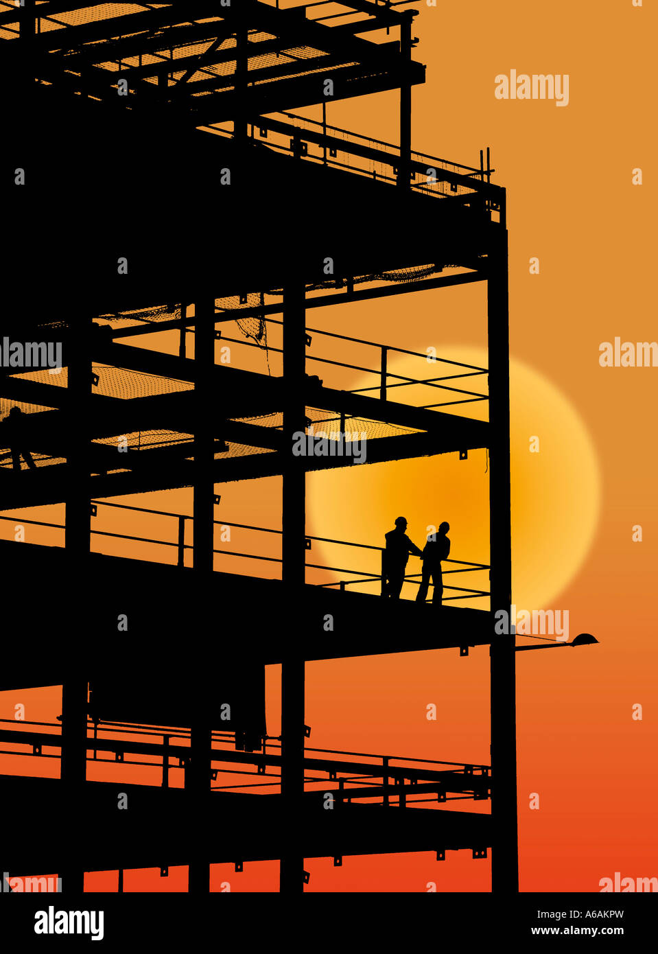 Workmen silhouette graphic art on building girders Cardiff Wales UK ...