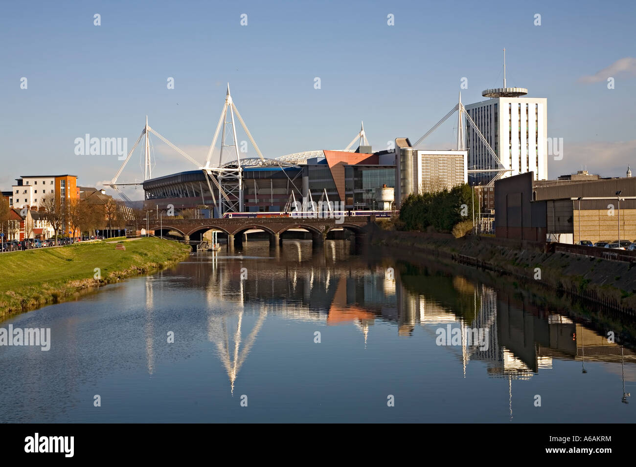 Cardiff Arms Park rugby ground beside the River Taff Cardiff city ...