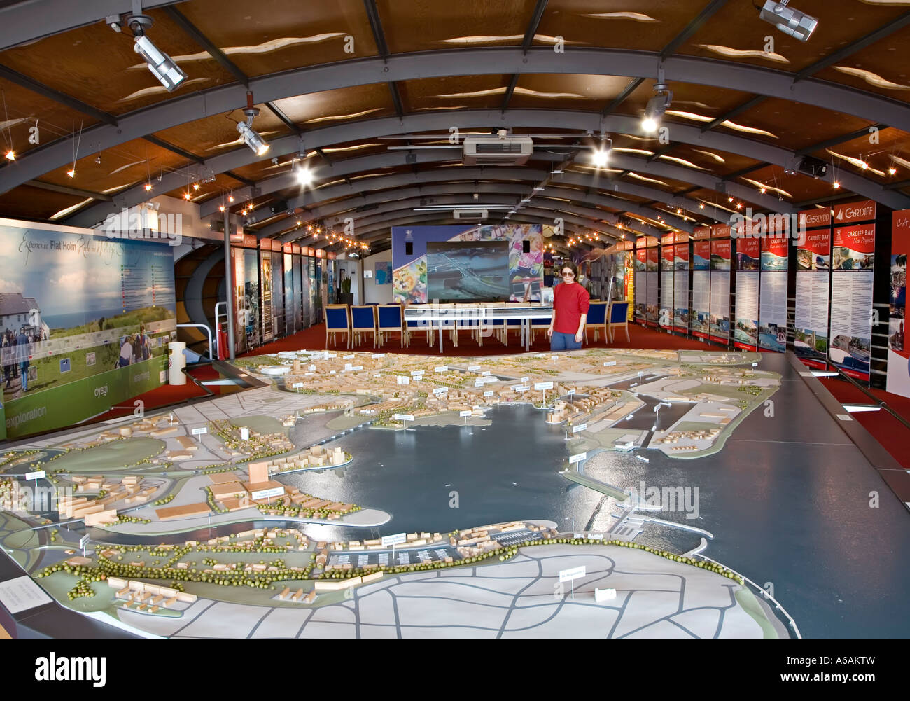 Woman looking at model of Cardiff city centre and Cardiff Bay in the ...