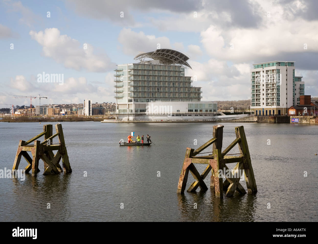 Cardiff Bay with divers working on oxygenation system Cardiff Wales UK ...