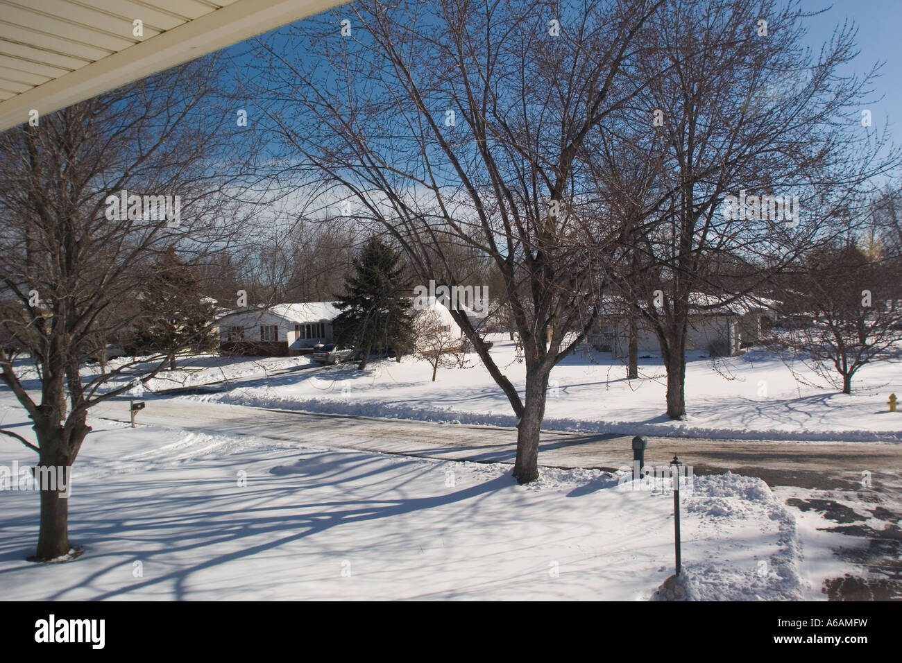 Sunshine blue sky Snow fall in Bambi Drive Rochester NY USA winter cold ...