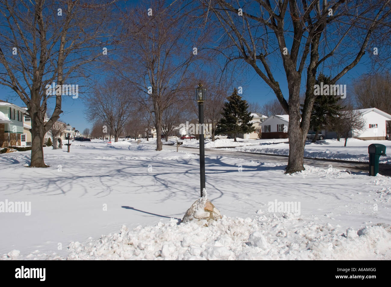 Sunshine blue sky Snow fall in Bambi Drive Rochester NY USA winter cold ...
