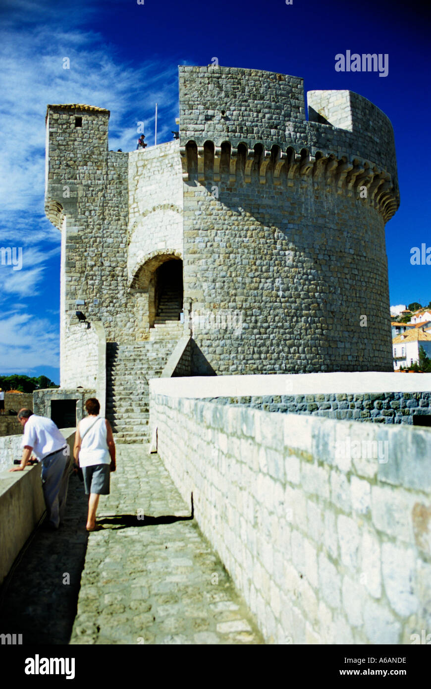The Minceta Tower on the wall surrounding the city of Dubrovnik Croatia ...