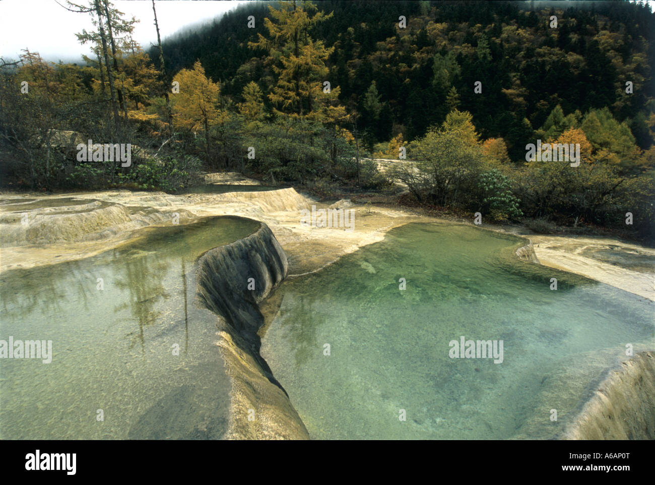 China, Sichuan, Huanglong (Yellow Dragon), stepped and calcified Mirror ...