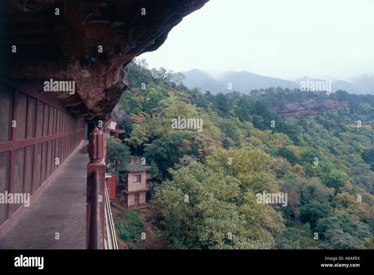 China, Gansu, Maiji Shan (Corn Rick Mountain), walkways on cliff face ...