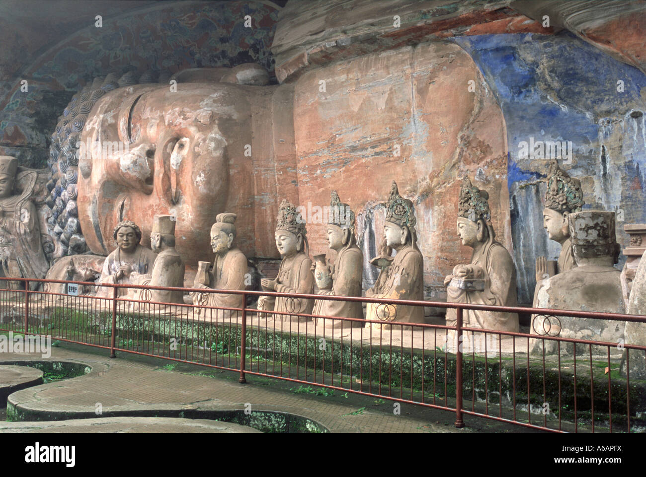 China, Sichuan, Dazu, Baoding Shan, Reclining Buddha, life-like busts ...