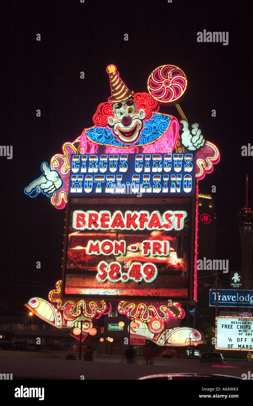 night time view of circus circus sign the strip las vegas nevada USA ...