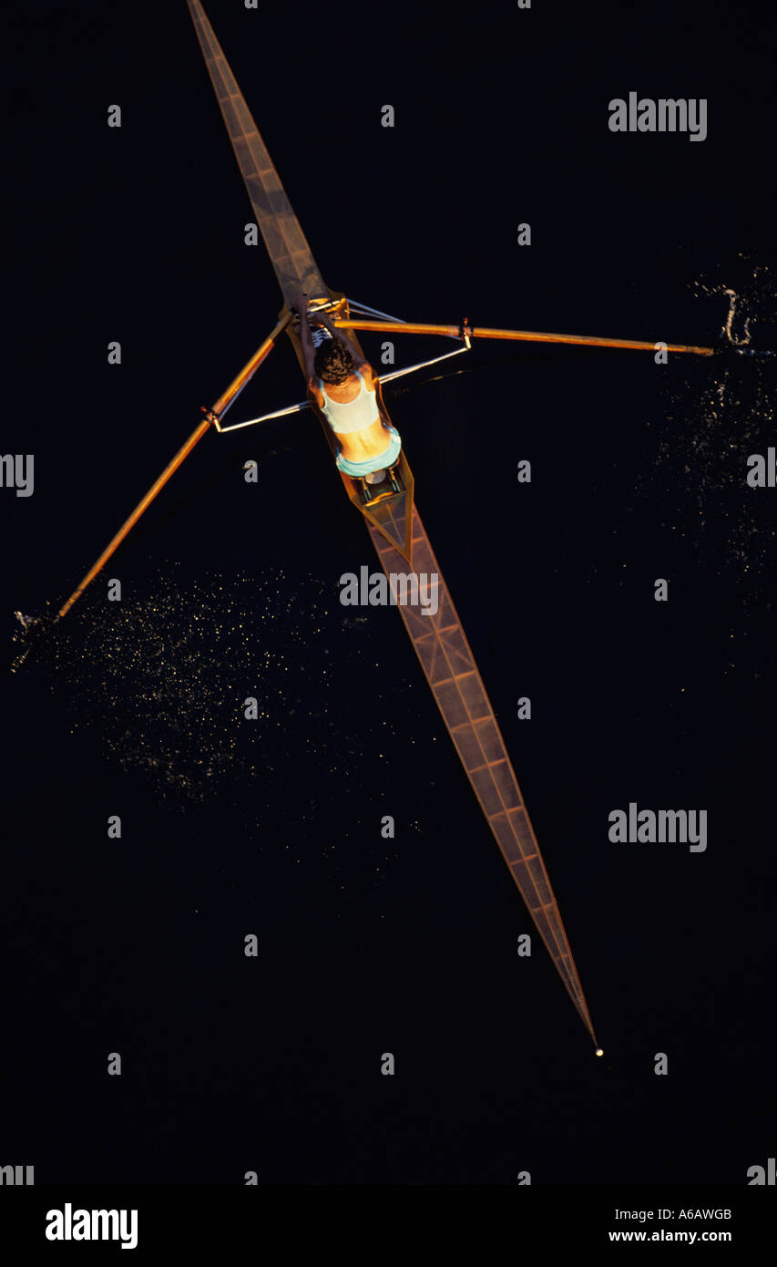 One crewman rowing on Montlake Cut, overhead view, Seattle, Washington ...