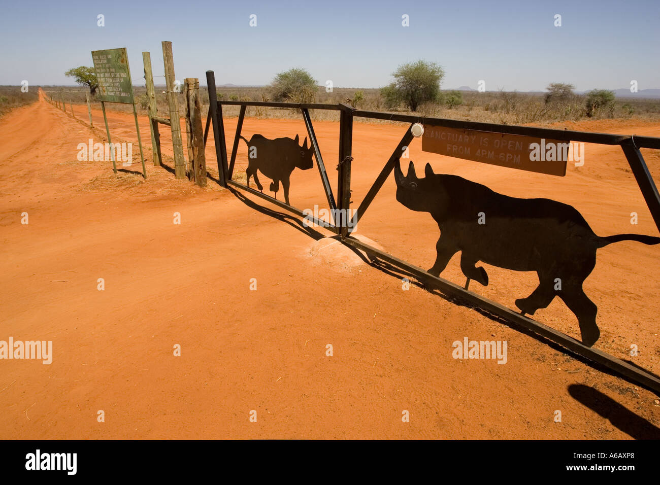 Rhino cutouts on entrance gates Ngulia Black rhino sanctuary Tsavo West ...