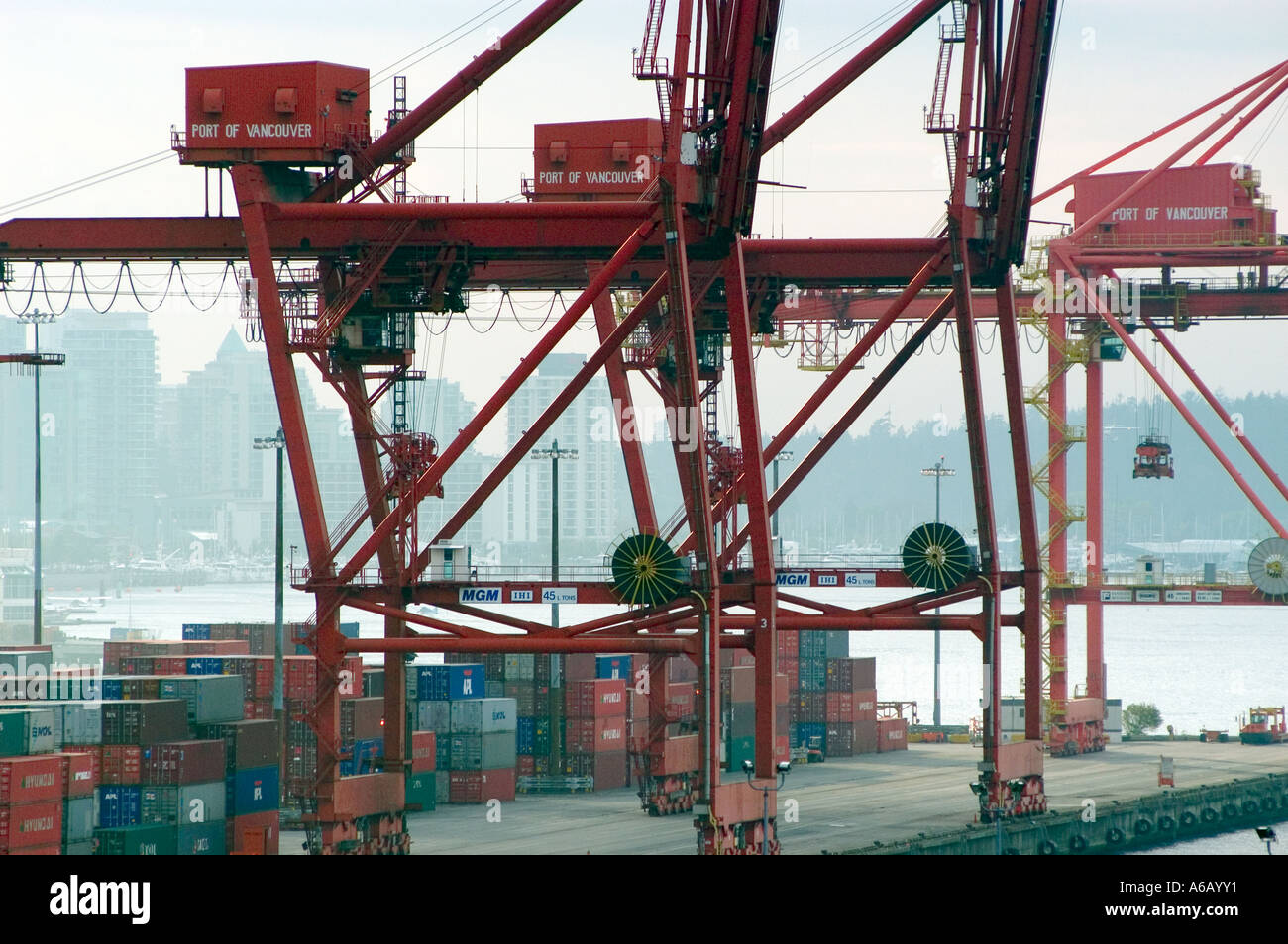 Ship containers and cranes at the port Vancouver British Columbia ...
