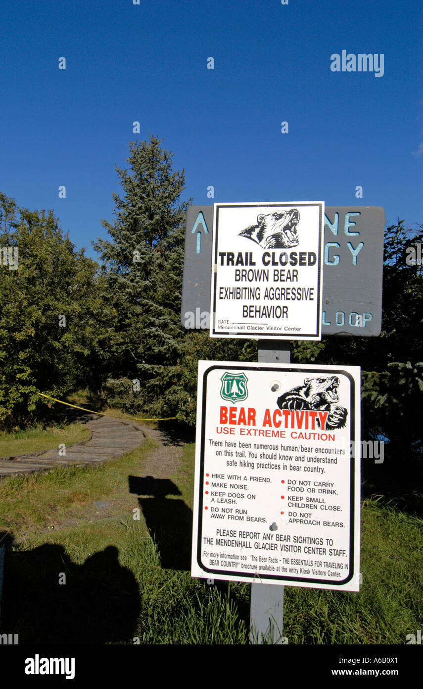 Sign warning visitors of closed trail because of bears at Mendenhall ...