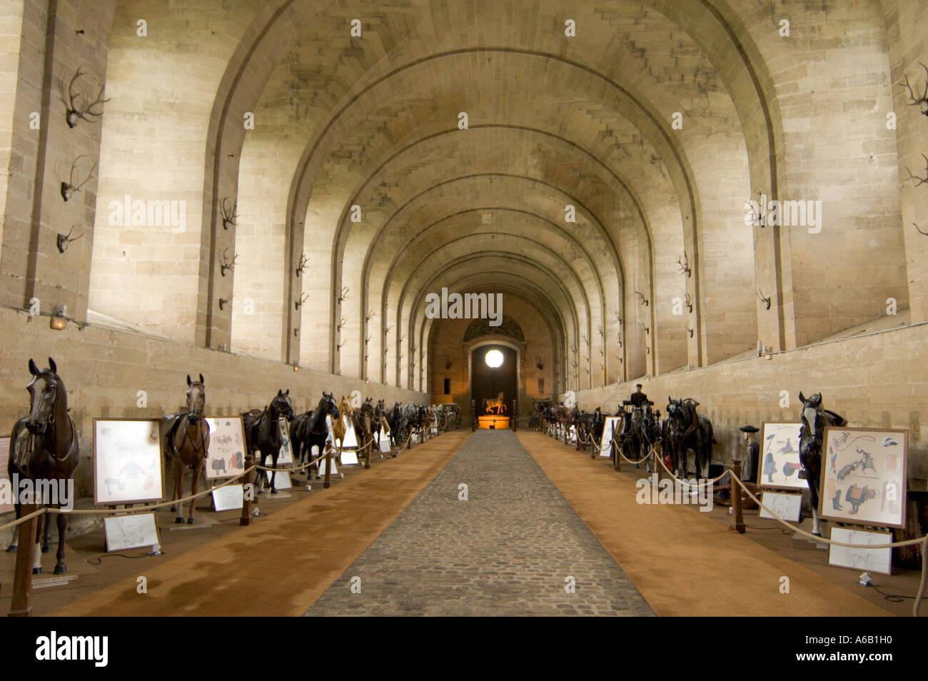 Interior of Grand Stables with life size model horses Chantilly France ...