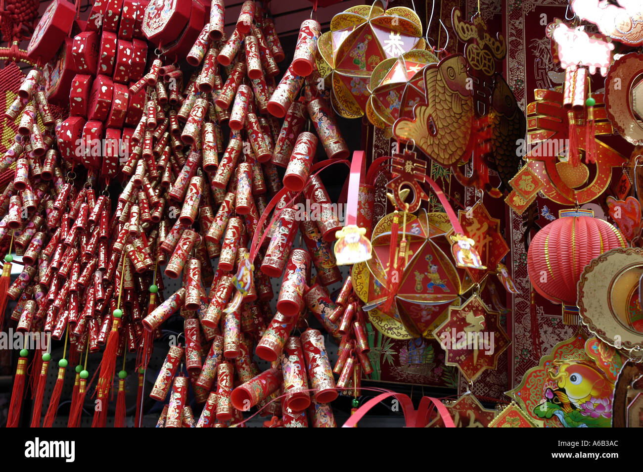 Firecrackers hanging Chinatown Chinese New Year horizontal Stock Photo ...