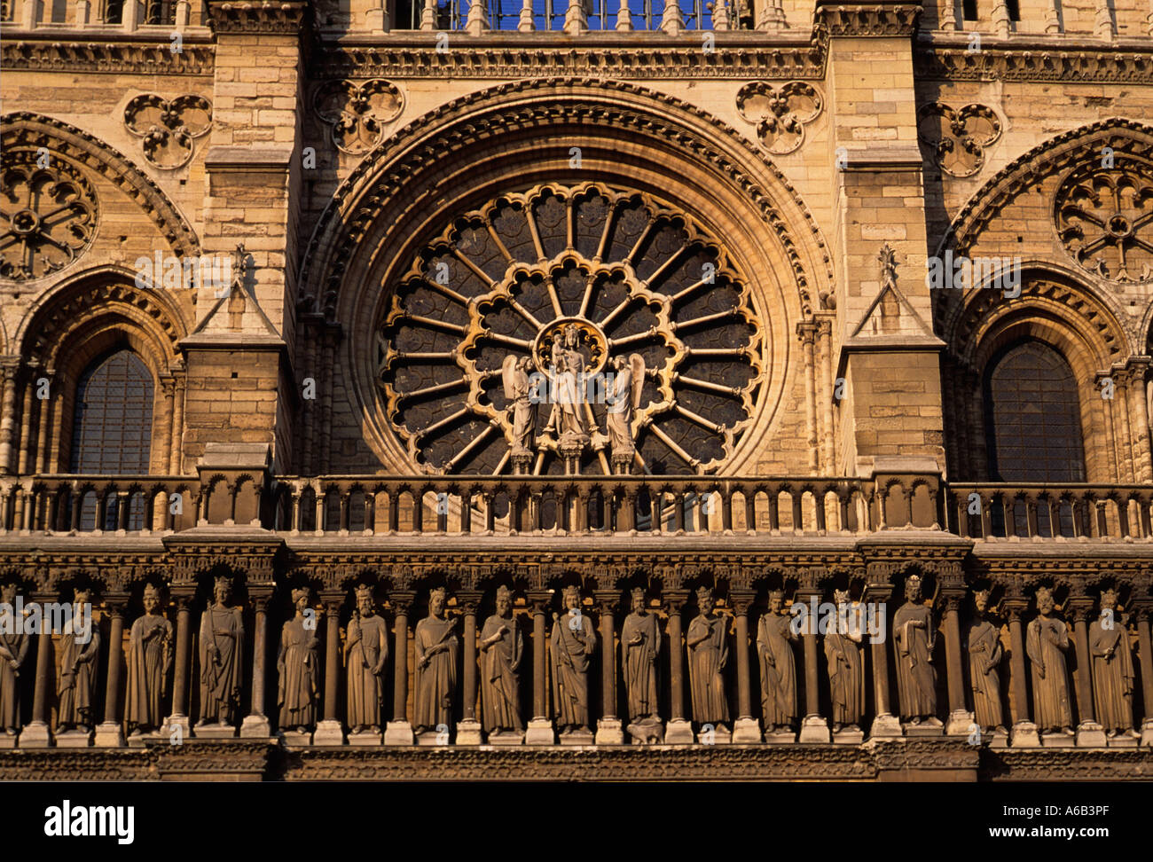 Europe France Paris Notre Dame Cathedral Facade West Front Detail With ...