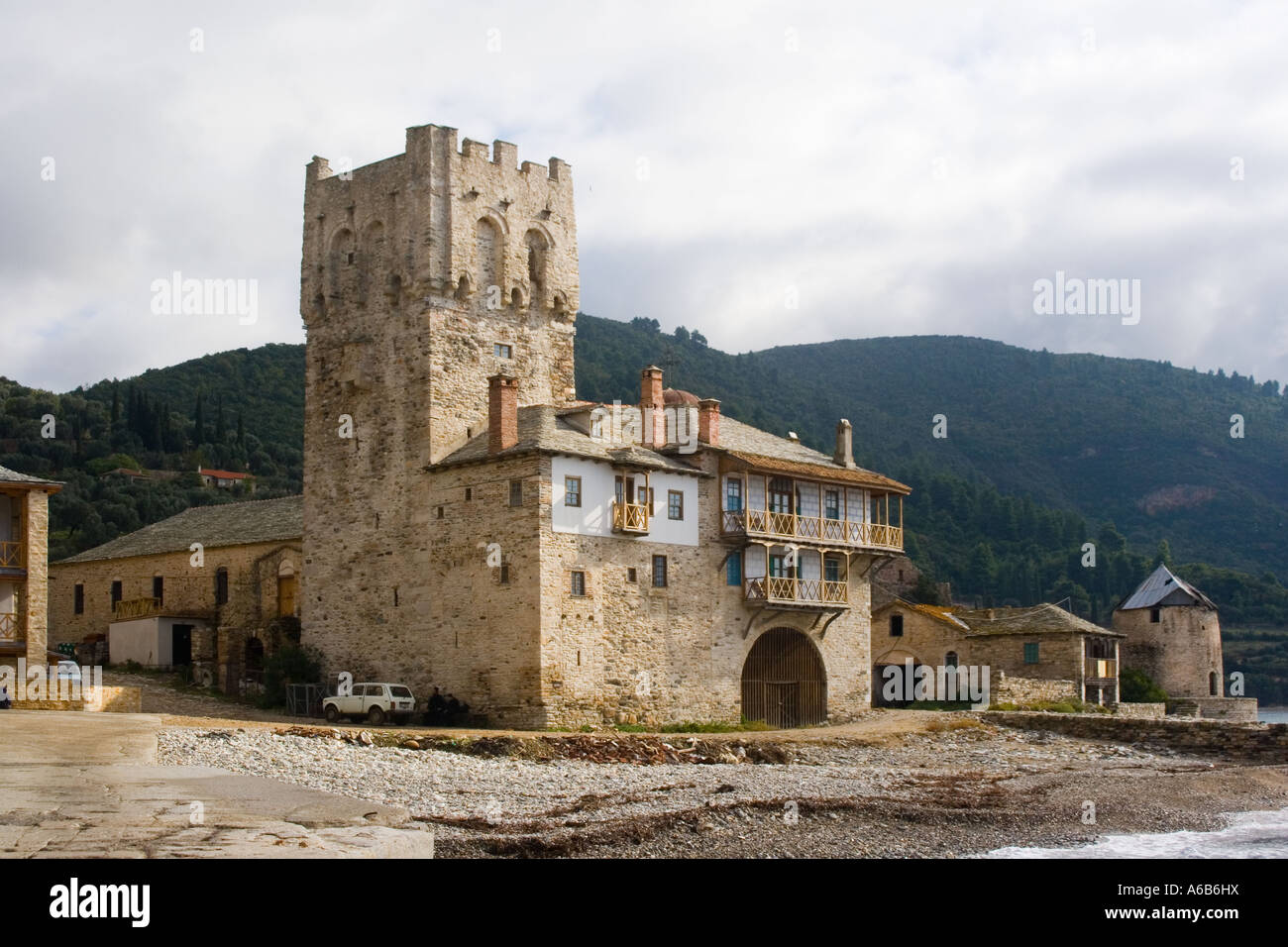 Harbour of Bulgarian monastery Zograf on Mount Athos peninsula, Greece ...