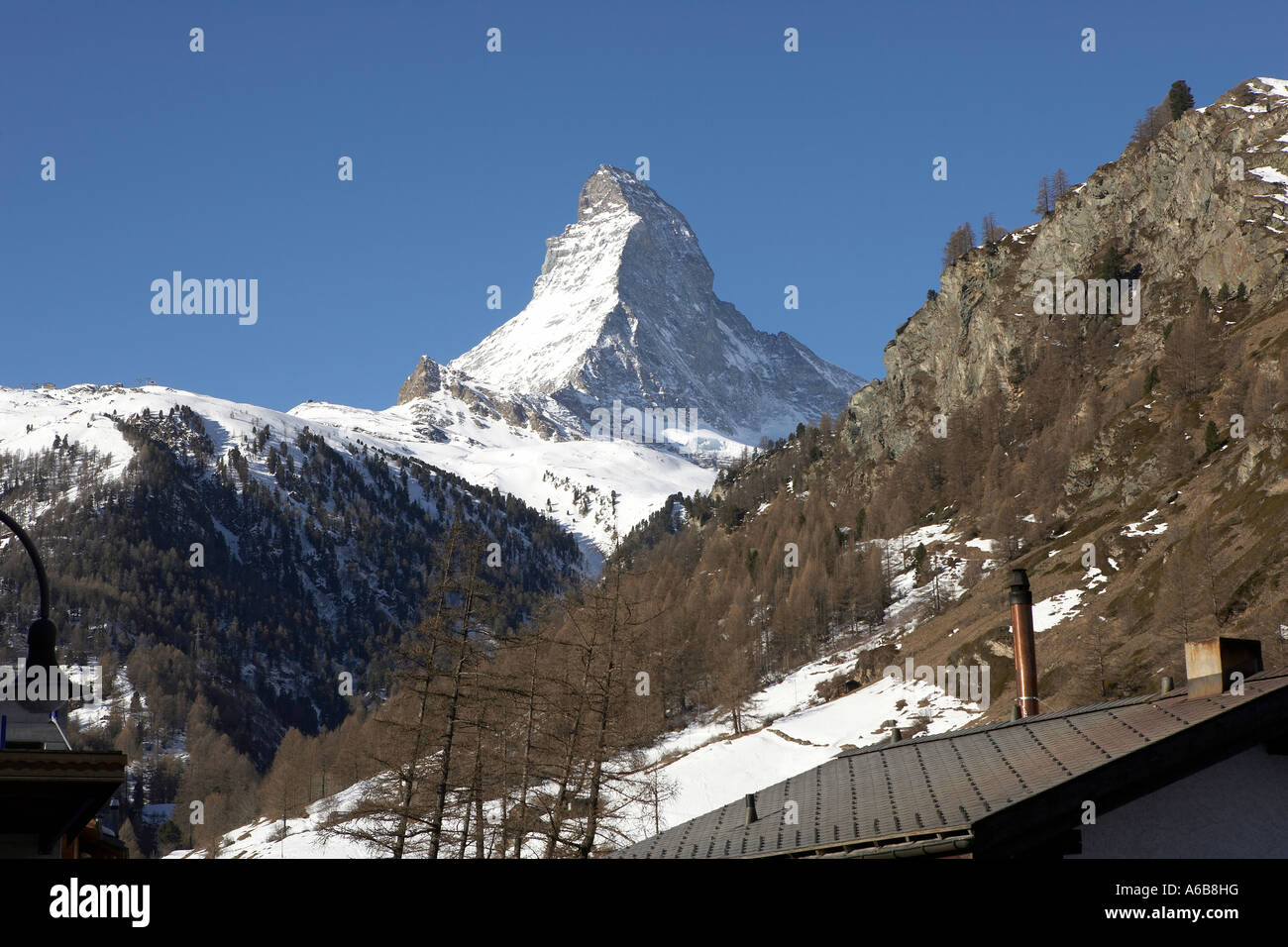 The Matterhorn seen from Zermatt Valais Switzerland. March 2007 Stock ...
