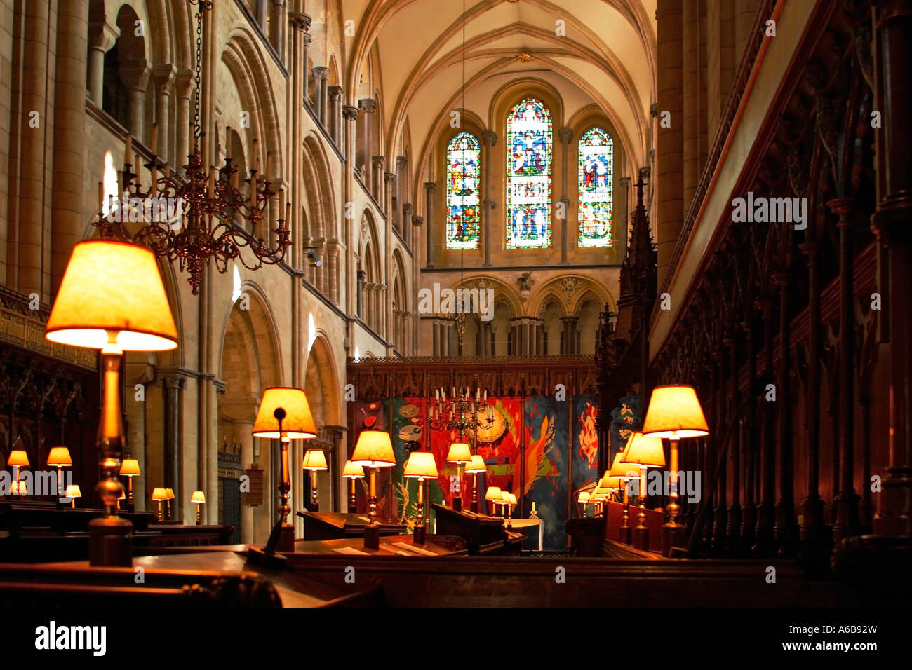 Lamp lit choir stalls in Chichester Cathedral, Sussex. UK Stock Photo ...