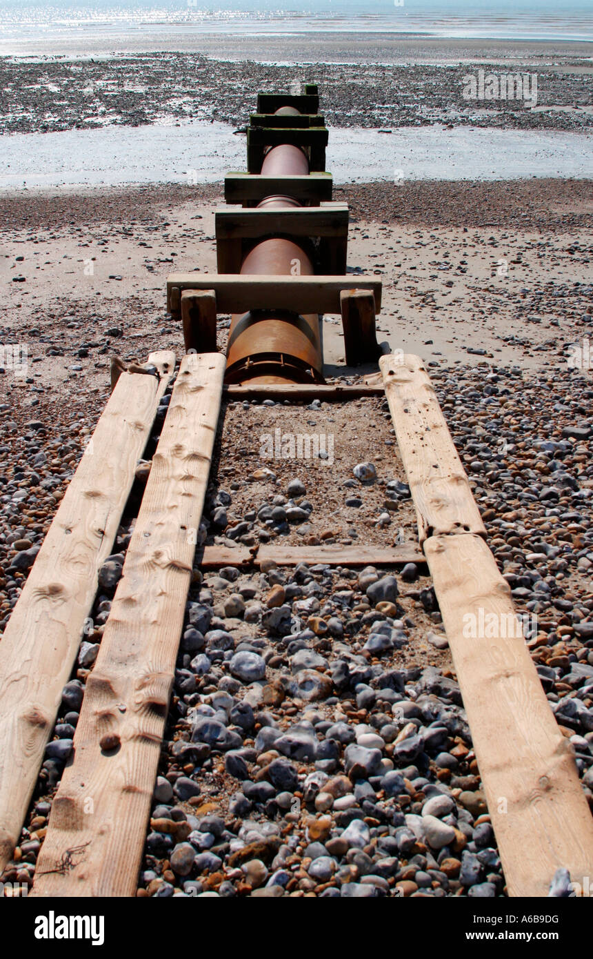 Sewage outlet pipe on beach at low tide in Worthing, West Sussex Stock ...