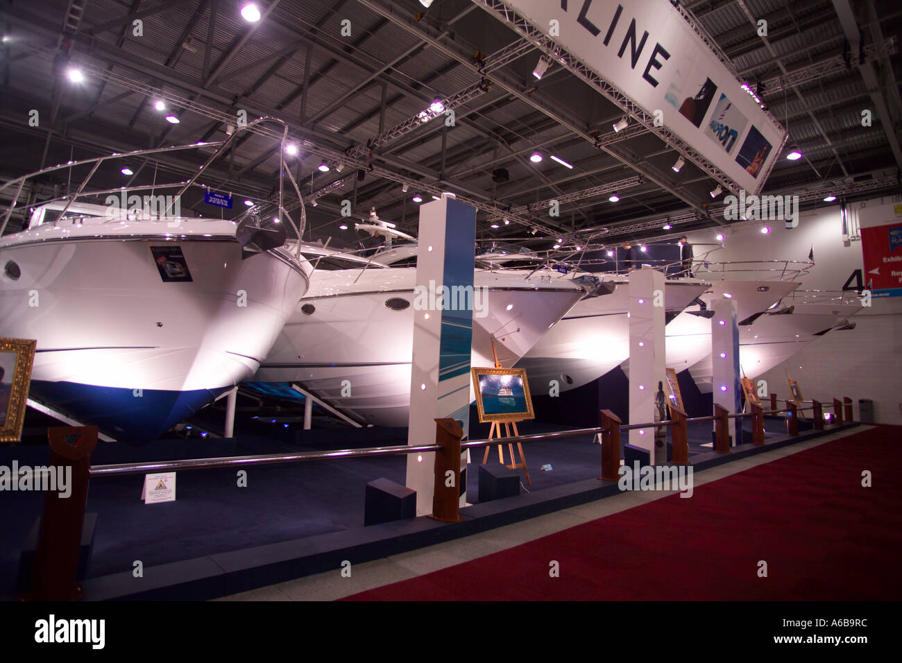 The London Boat show the fairline stand Stock Photo - Alamy