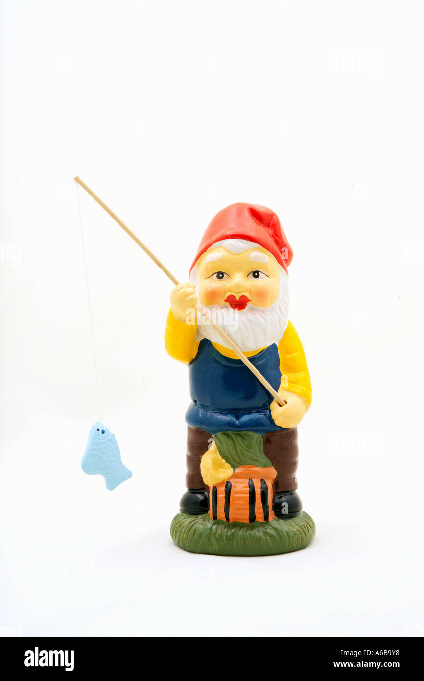 Garden Gnome with Fishing rod on white background Stock Photo - Alamy