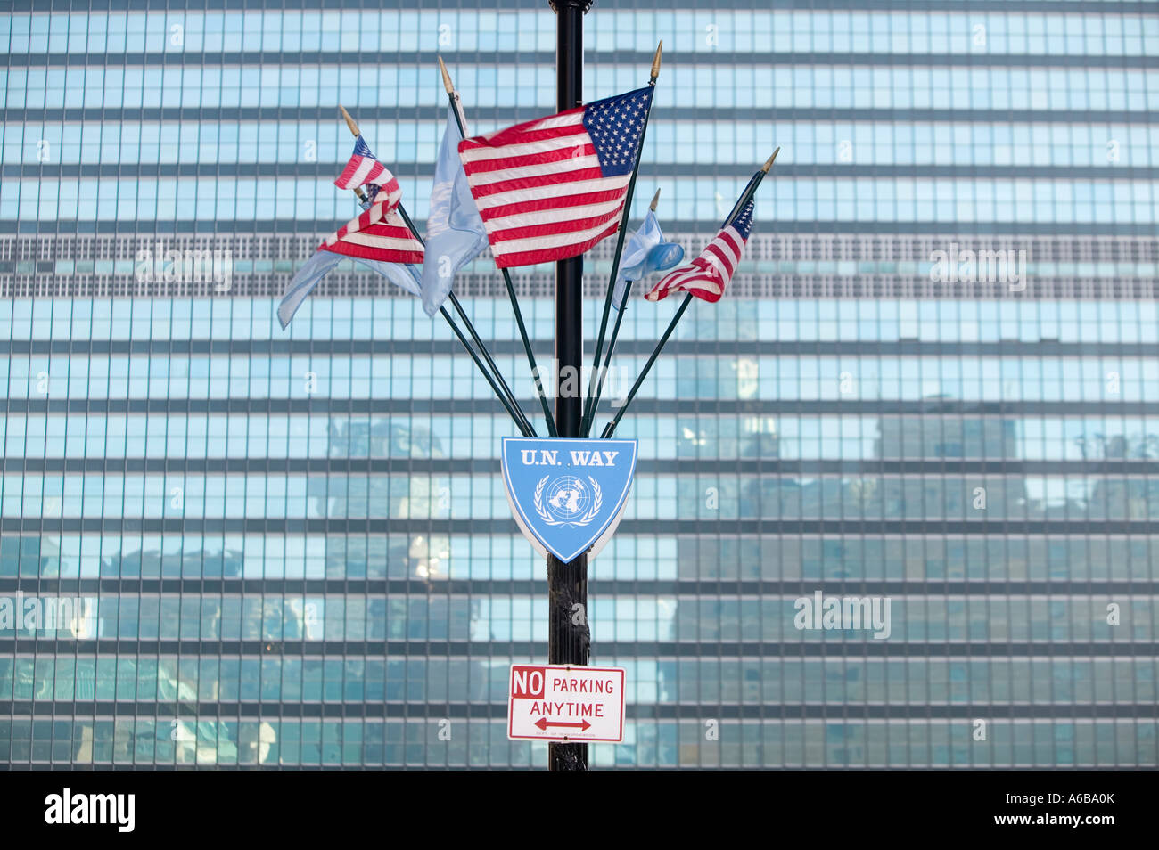 American flags in front of the UN headquarters in New York City USA Dec ...