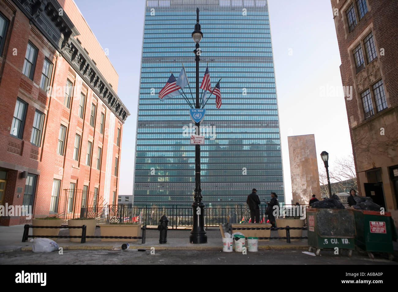 American flags in front of the UN headquarters in New York City USA Dec ...