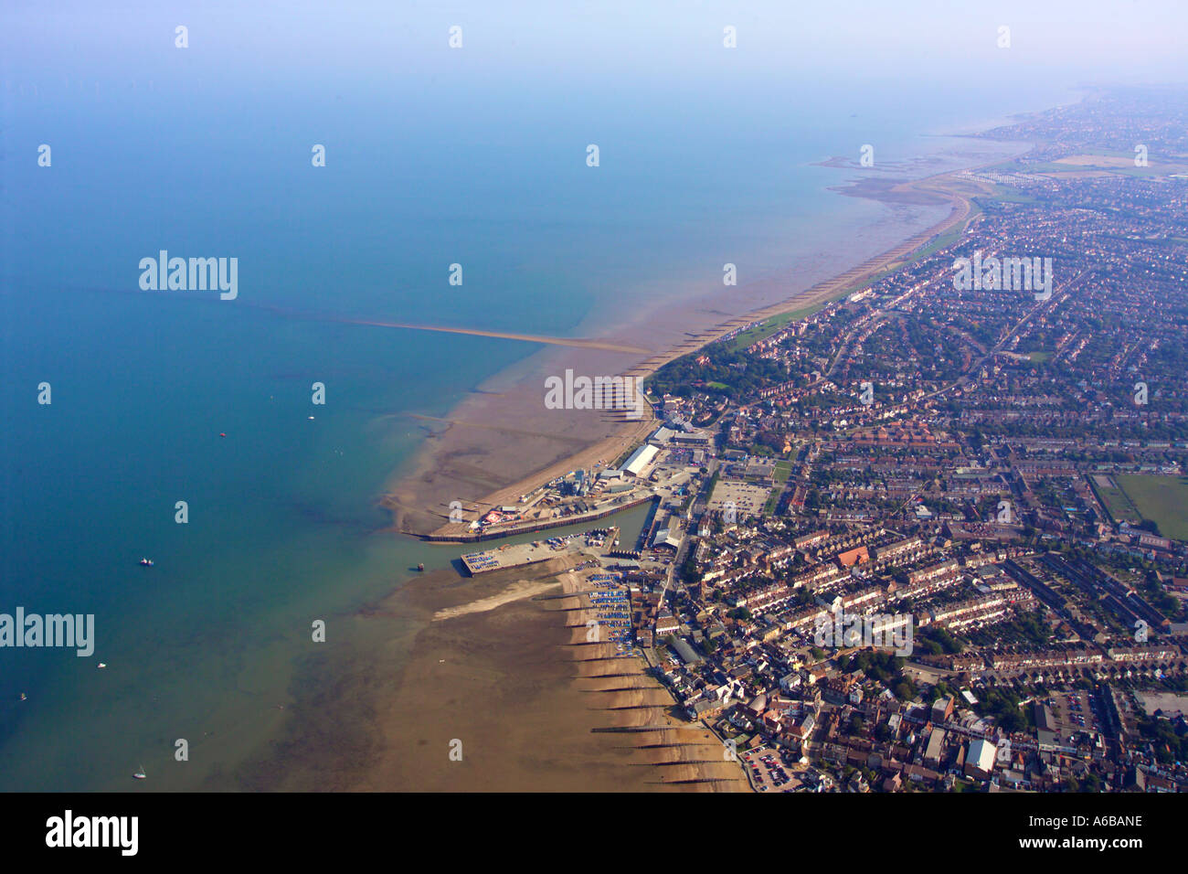 Aerial view of whitstable in kent including the harbour and shingle ...