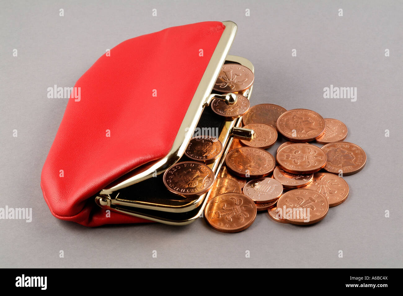 Money and a red leather purse Cash Penny and Twopence copper coloured ...