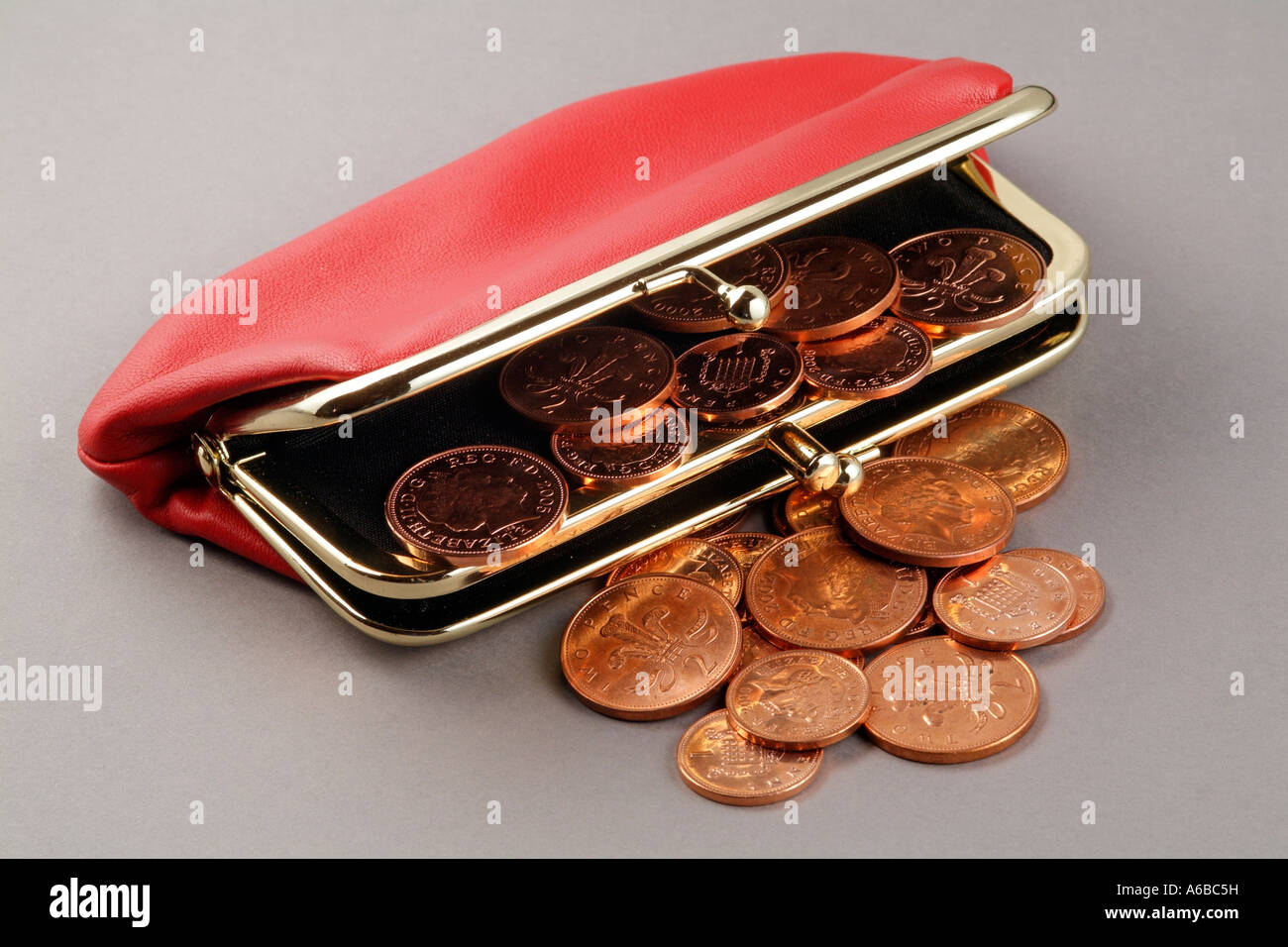 Money and a red leather purse Cash Penny and Twopence copper coloured ...