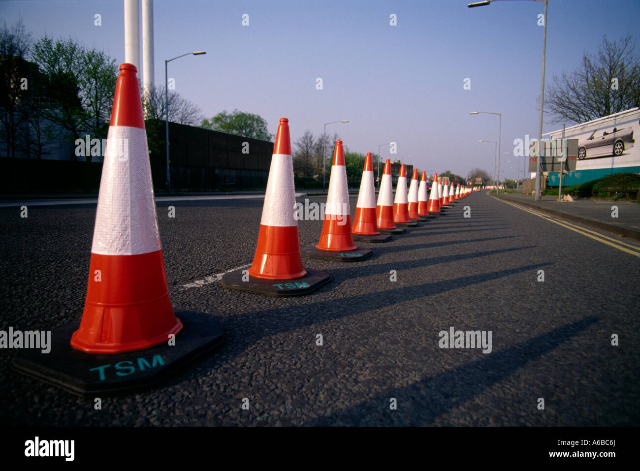A line of traffic cone and bollards during the reconstruction of ...