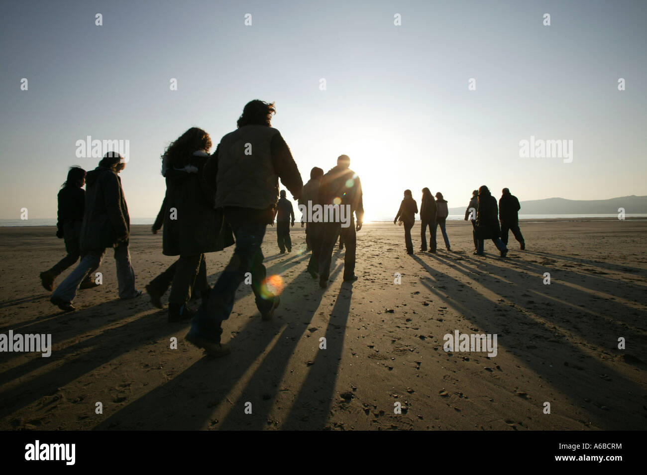 Group of people walking into the sunset on sandy beach in the winter ...
