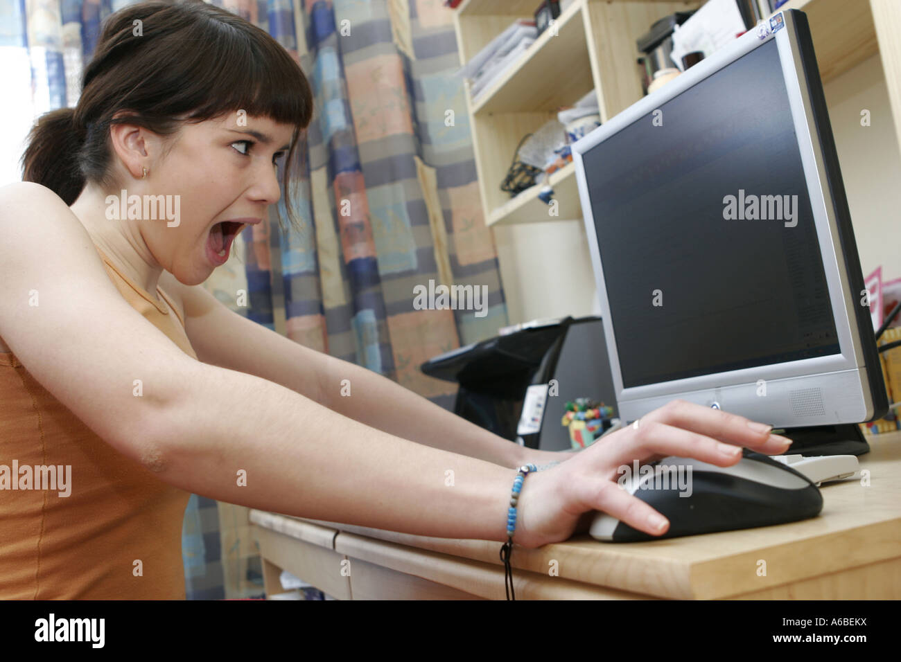 young woman girl working on home computer Stock Photo - Alamy