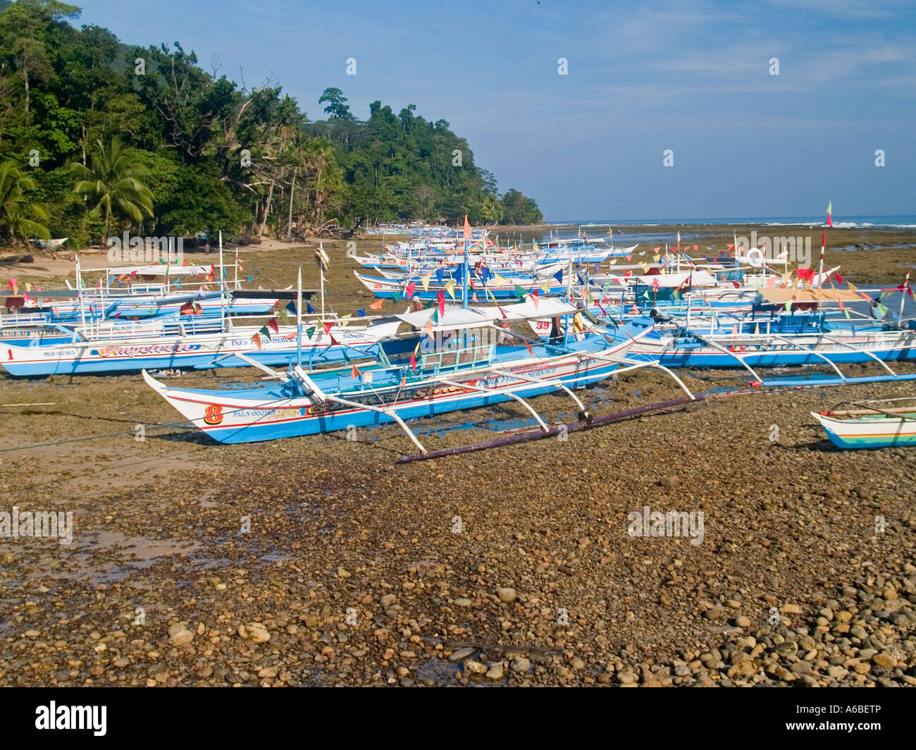 beached boats traditional bancas waiting for the tide Sabang Palawan ...