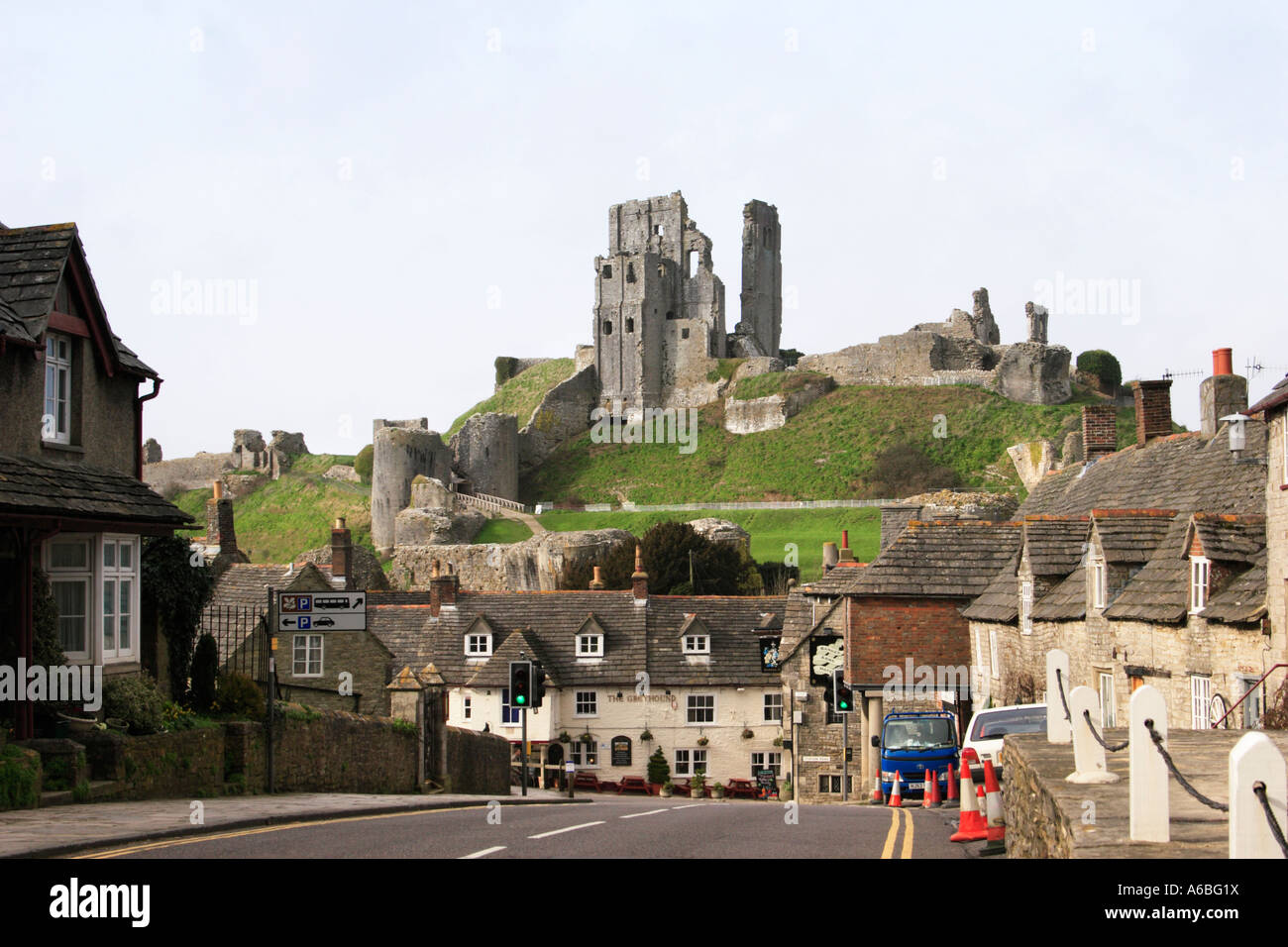 Corfe Castle high above Corfe town in Dorset, England, UK Stock Photo ...