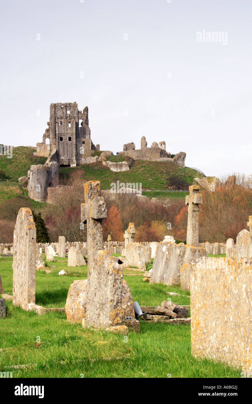 The graveyard and castle in Corfe village, Dorset, England Stock Photo ...