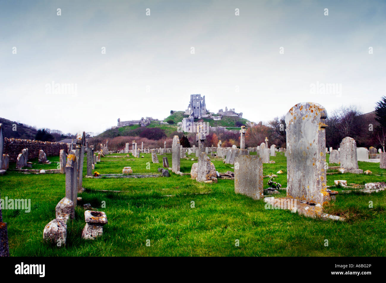 Spooky Graveyard and Corfe Castle Stock Photo - Alamy